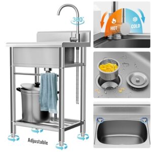 Utility Sink Free Standing Single Bowl Kitchen Sink with Cold and Hot Water Pipe Stainless Steel Sink for Laundry Room Bathroom Farmhouse