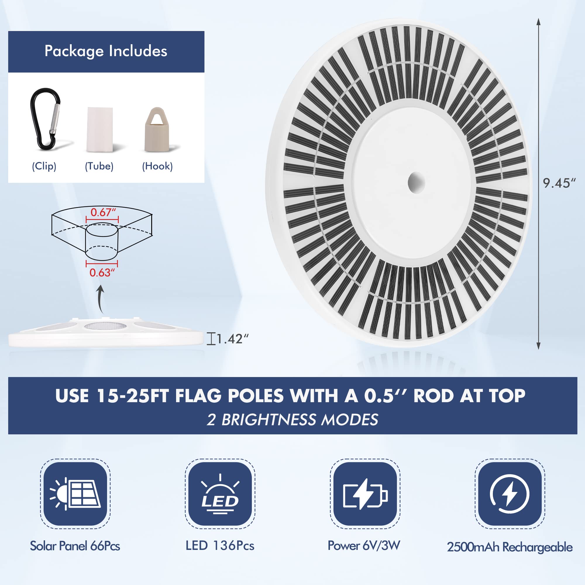 PPQ Solar Flagpole LED Light,New 136 LED 10000h Lifespan Flag Pole Light for 15-25 Ft Poles,Solar Powered Waterproof Lighting on Outdoor Pole Top,10 Hour Dusk to Dawn Auto On/Off