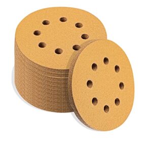 spmarkt 50pcs 5 inch sanding discs, 8 hole dustless hook and loop, gold premium sandpaper set, 10 each of grit 80/120 / 180/240 / 320, for woodworking or automotive