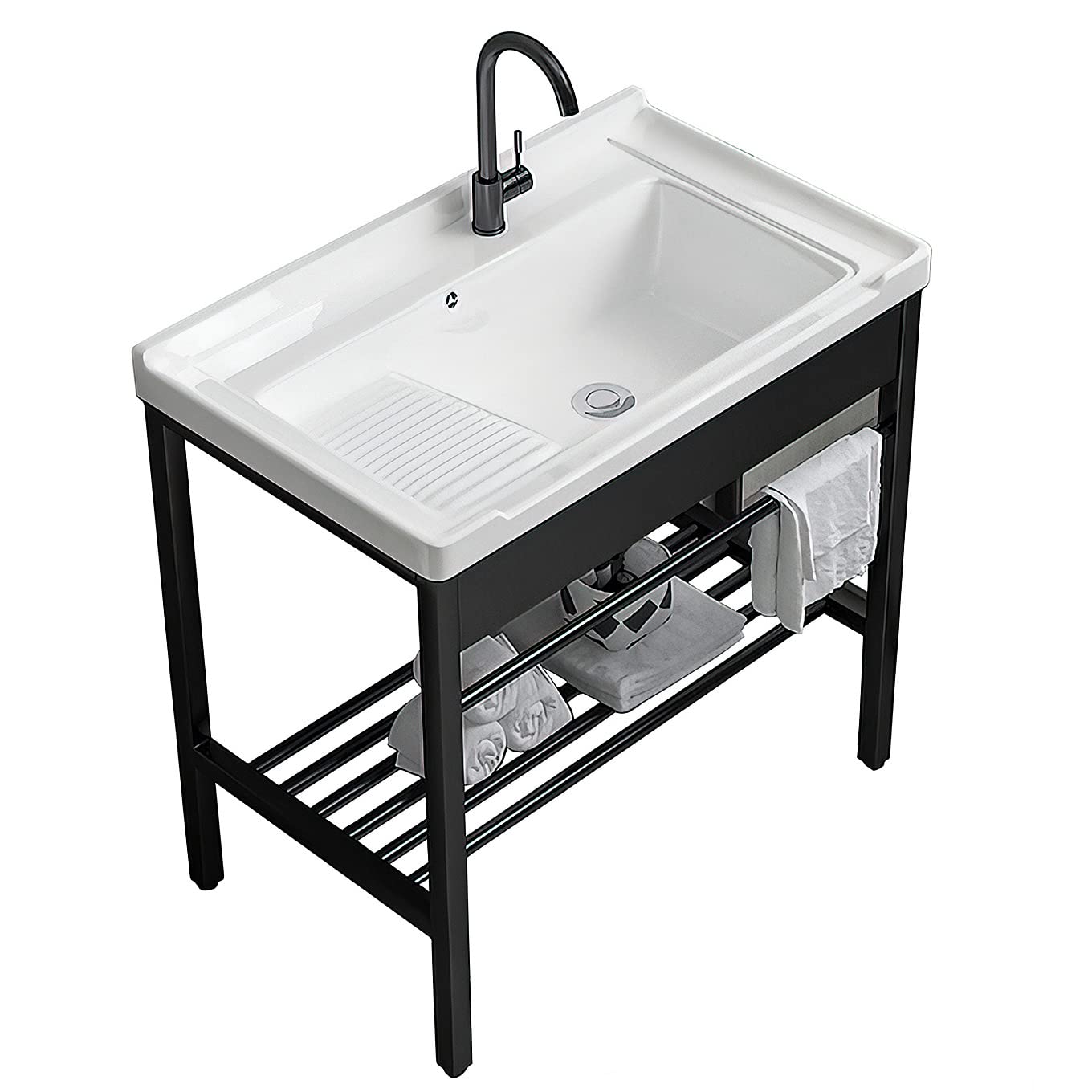 Freestanding Sink, 28.3" × 19" × 32.3" Ceramic Utility Sink with Washboard Set with Bracket and Drain Kit for Laundry Room, Garage, Basement, Outdoor and Indoor