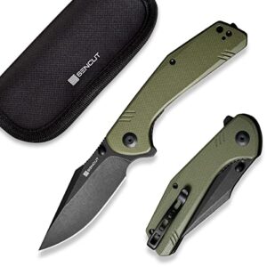 sencut actium folding pocket knife, 3.46'' d2 satin blade wood handle, liner lock flipper knife with ceramic ball bearing, good for outdoor hiking camping sa02e (od green)