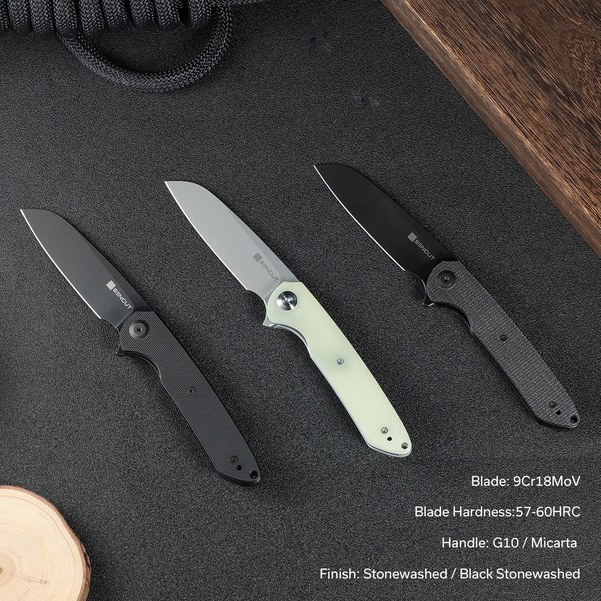 SENCUT Kyril Pocket Folding Knife for EDC, Design by Ferrum Forge Knife Works, Liner Lock Small Knife with Clip, Black Stonewashed Blade with Micarta Handle Everyday Carry Knife for Men Women, Lightweight for Indoor Outdoor Gift S22001