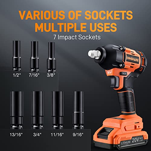 Cordless Impact Wrench, 20V Brushless 1/2 Impact Gun, High Torque Impact Driver 250 ft-lbs (340N.m) 2600RPM, LED Light, Impact Driver Kit with 2.0Ah Battery &1-Hour Charger, 7 Sockets for Home & Car