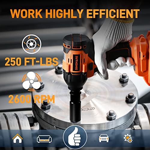 Cordless Impact Wrench, 20V Brushless 1/2 Impact Gun, High Torque Impact Driver 250 ft-lbs (340N.m) 2600RPM, LED Light, Impact Driver Kit with 2.0Ah Battery &1-Hour Charger, 7 Sockets for Home & Car