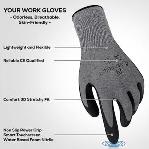 I9 Essentials Multi-Purpose Micro-Foam Nitrile-Coated Work Gloves Large - Seamless Work Gloves with Touchscreen Fingers Safety Gloves for Woodworking, Gardening, Construction - Black & Grey, 12 Pairs