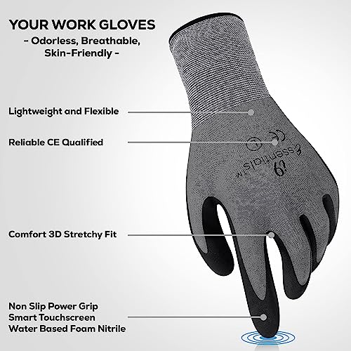 I9 Essentials Multi-Purpose Micro-Foam Nitrile-Coated Work Gloves Large - Seamless Work Gloves with Touchscreen Fingers Safety Gloves for Woodworking, Gardening, Construction - Black & Grey, 12 Pairs