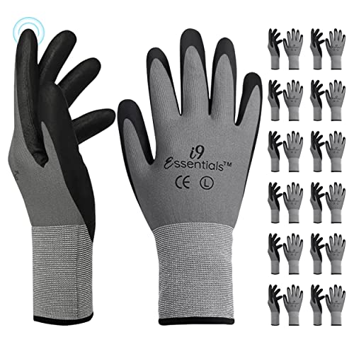 I9 Essentials Multi-Purpose Micro-Foam Nitrile-Coated Work Gloves Large - Seamless Work Gloves with Touchscreen Fingers Safety Gloves for Woodworking, Gardening, Construction - Black & Grey, 12 Pairs