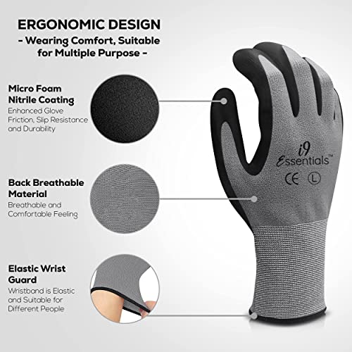 I9 Essentials Multi-Purpose Micro-Foam Nitrile-Coated Work Gloves Large - Seamless Work Gloves with Touchscreen Fingers Safety Gloves for Woodworking, Gardening, Construction - Black & Grey, 12 Pairs