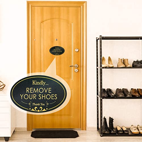 CARGEN Kindly Remove Your Shoes - Please Take Your Shoes Off No Shoes Sign Home Office Spa Wall Door Welcome Sign Oval 6.3" x 3.8" Black