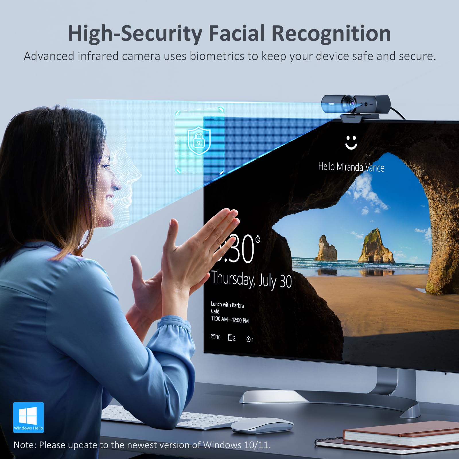 NexiGo HelloCam, 1080P Webcam with Windows Hello, True Privacy, Automatic Electronic Shutter, Computer Camera, Microphone, Facial Enhancement, HD USB Web Cam