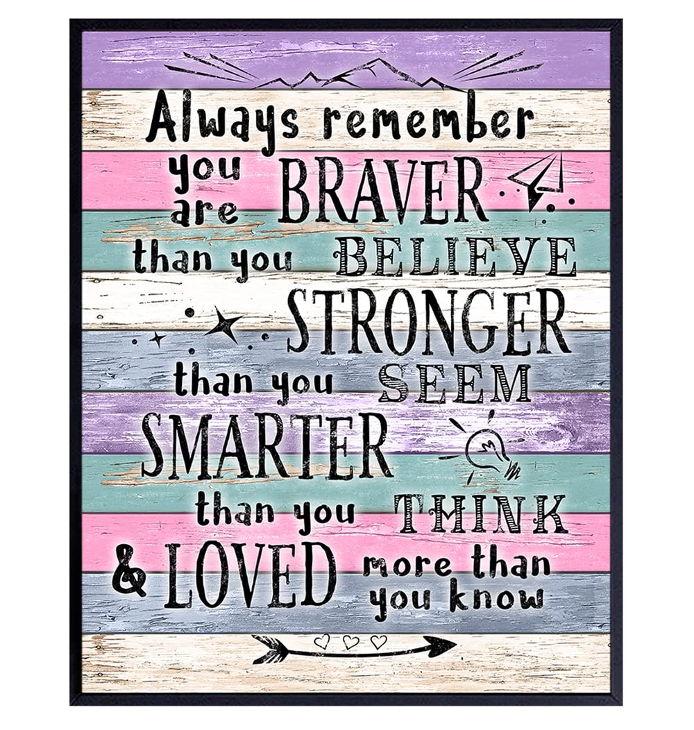 Inspiration Inspirational Wall Art - Always Remember You Are Braver - Positive Quotes Wall Decor - Encouragement Gift for Women - Motivational poster - Kids Room Bedroom - A.A. Milne Quotation Saying