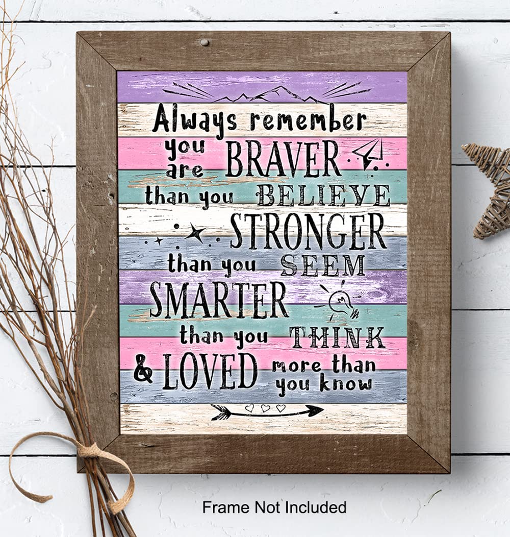 Inspiration Inspirational Wall Art - Always Remember You Are Braver - Positive Quotes Wall Decor - Encouragement Gift for Women - Motivational poster - Kids Room Bedroom - A.A. Milne Quotation Saying