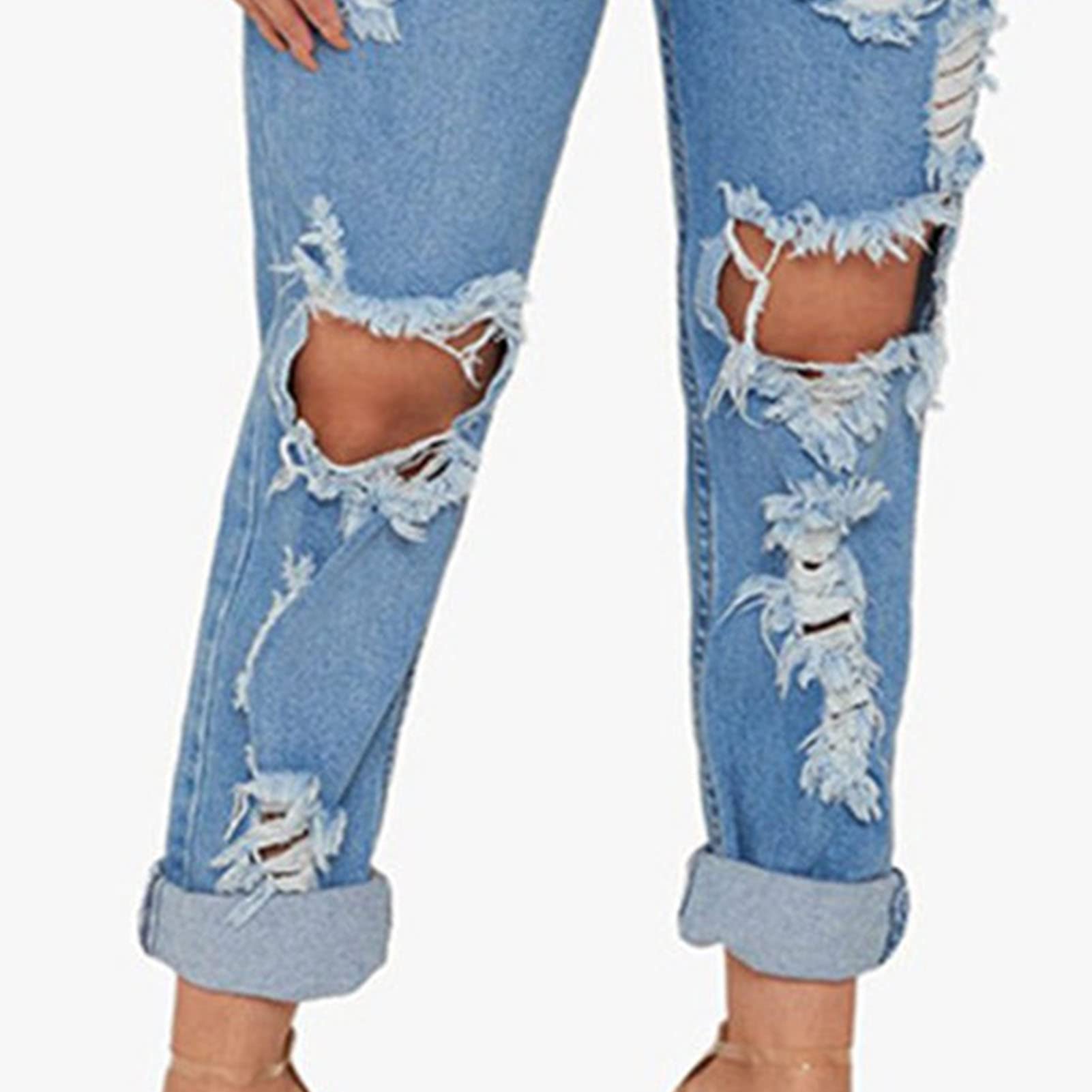 Maiyifu-GJ Women's High Waisted Ripped Boyfriend Jeans Loose Fit Distressed Destroyed Denim Pants Casual Comfy Stretch Jeans (Blue,Large)