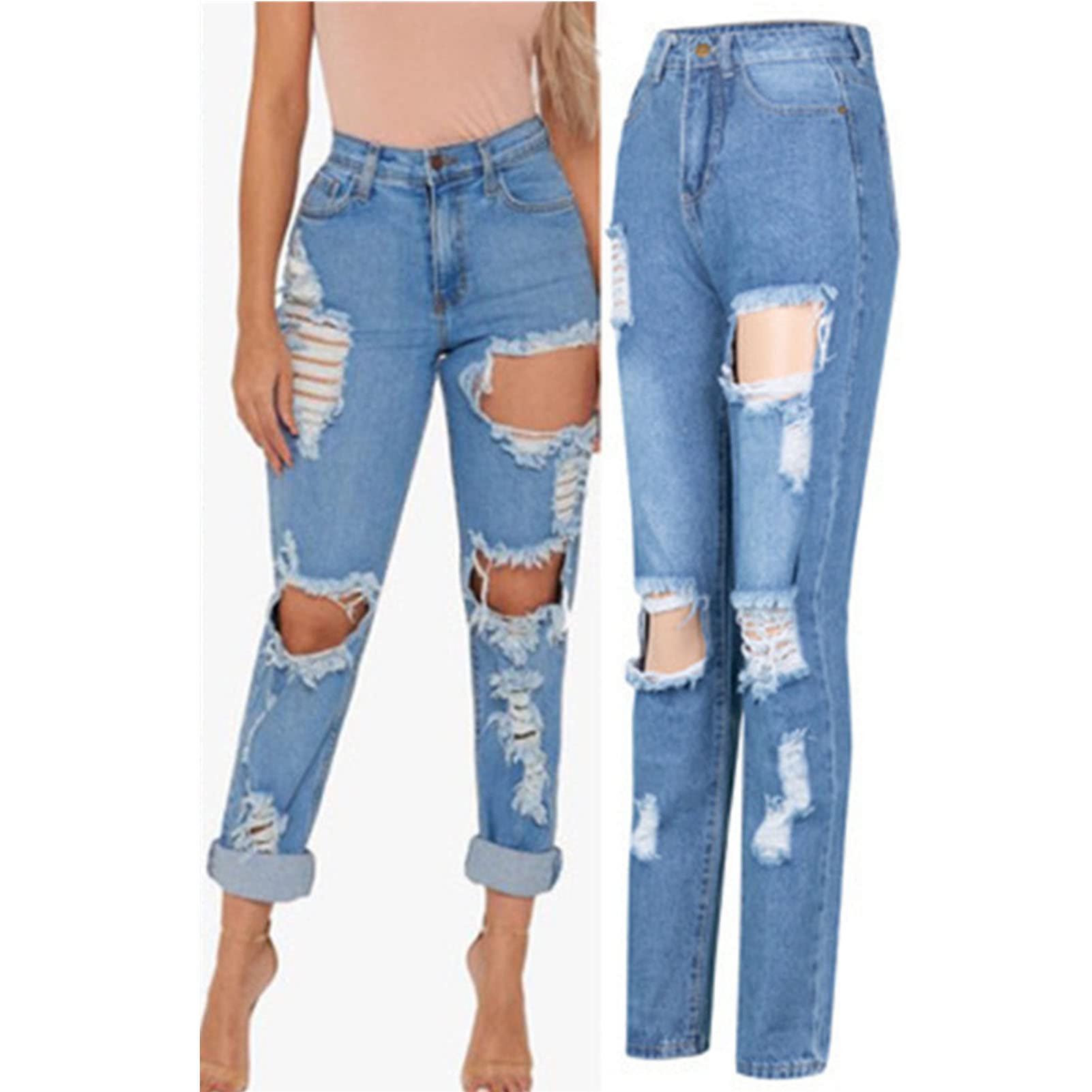 Maiyifu-GJ Women's High Waisted Ripped Boyfriend Jeans Loose Fit Distressed Destroyed Denim Pants Casual Comfy Stretch Jeans (Blue,Large)