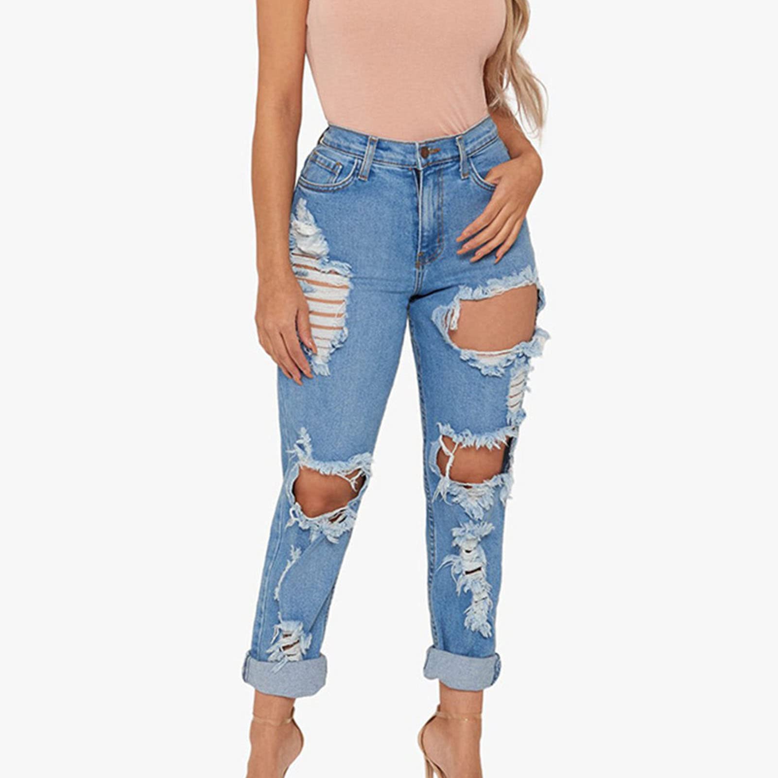 Maiyifu-GJ Women's High Waisted Ripped Boyfriend Jeans Loose Fit Distressed Destroyed Denim Pants Casual Comfy Stretch Jeans (Blue,Large)