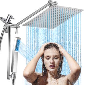 shower head with handheld, mufeco 8'' all metal rain shower head high pressure dual square shower head combo with adjustable extension arm and 3 spray settings anti-leak with holder/hose