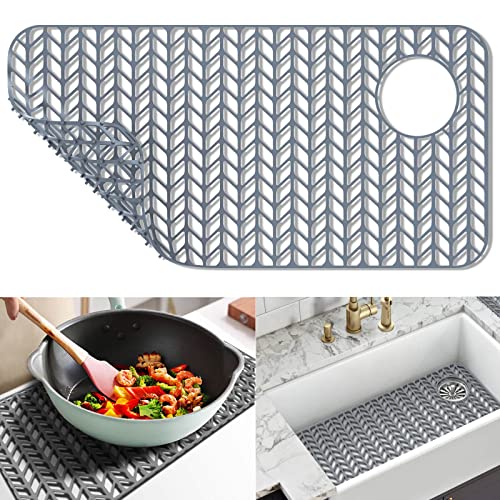 Silicone Sink Mat Protectors for Kitchen 28.6''x 14.5'' JOOKKI Kitchen Sink Protector Grid for Farmhouse Stainless Steel Accessory with Right & Left Drain