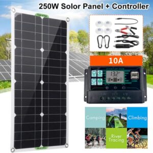 Gugxiom 250W 12/24V Solar Panel with 10A Charger Voltage Controller, Monocrystalline Solar Panel Kit with Cigarette Lighter Line and Battery Clip Line for RV, Camping, etc.