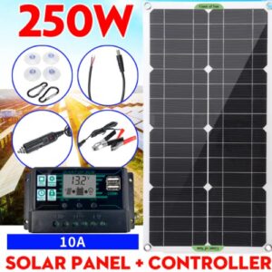 Gugxiom 250W 12/24V Solar Panel with 10A Charger Voltage Controller, Monocrystalline Solar Panel Kit with Cigarette Lighter Line and Battery Clip Line for RV, Camping, etc.