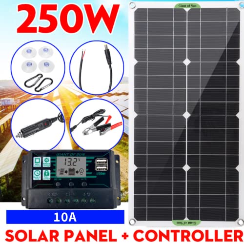 Gugxiom 250W 12/24V Solar Panel with 10A Charger Voltage Controller, Monocrystalline Solar Panel Kit with Cigarette Lighter Line and Battery Clip Line for RV, Camping, etc.