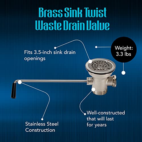 STEADYKLEEN - Brass Sink Drain Valve with Twist Handle, Comes with Stainless Steel Kitchen Sink Strainer, Plunger, and Flange, Controls Sink Drain Stopper, Fits 3.5 Inch Commercial Drain Openings.