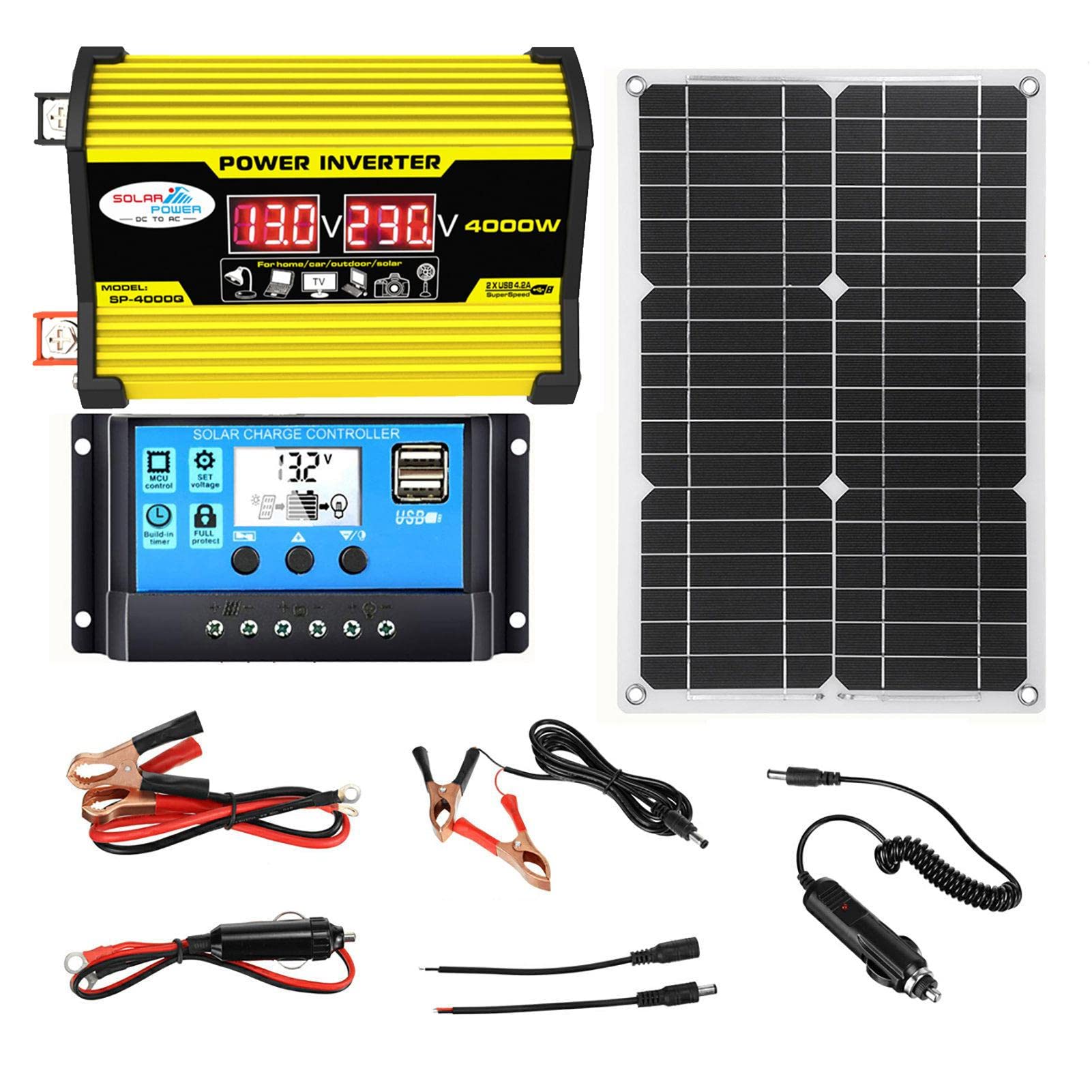 Hulzogul Solar System, Portable Solar Panel Kit, 4000W Inverter with 2 USB Ports, 30A Solar Charge Controller, LED Screen Display, Fast Charging for Critical Supply