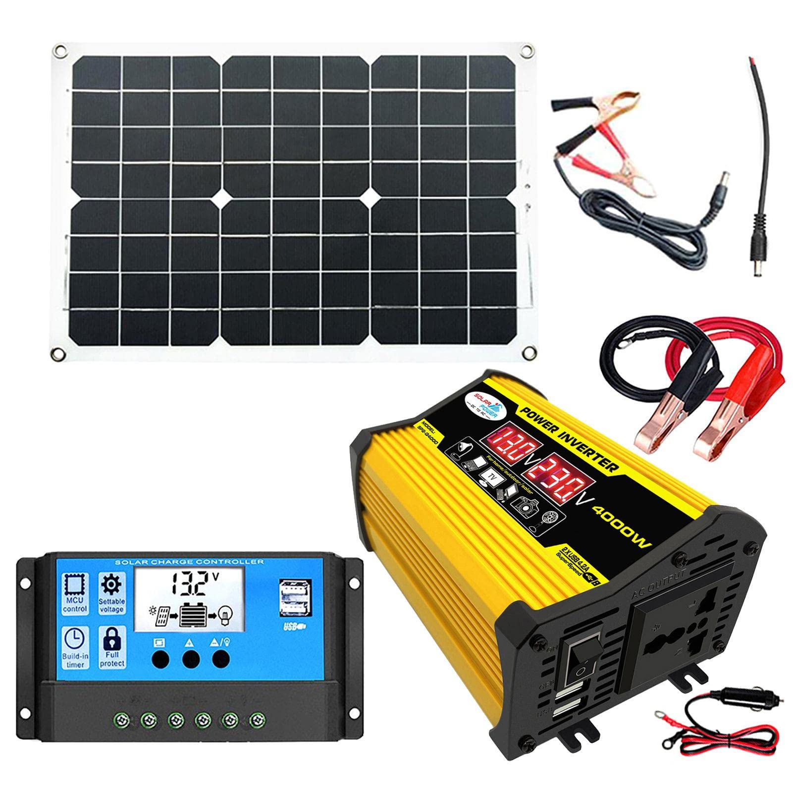 Hulzogul Solar System, Portable Solar Panel Kit, 4000W Inverter with 2 USB Ports, 30A Solar Charge Controller, LED Screen Display, Fast Charging for Critical Supply