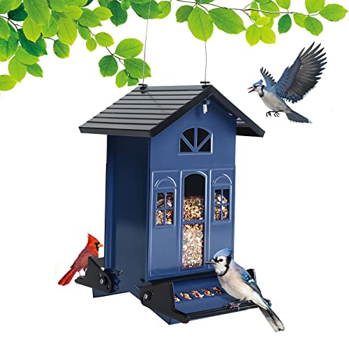 Birdkiss Bird Feeder Squirrel-Proof Outside: Country House Series for Hanging - Metal - 5LBs Seed - Weight-Activated for Outdoors - Large Capacity