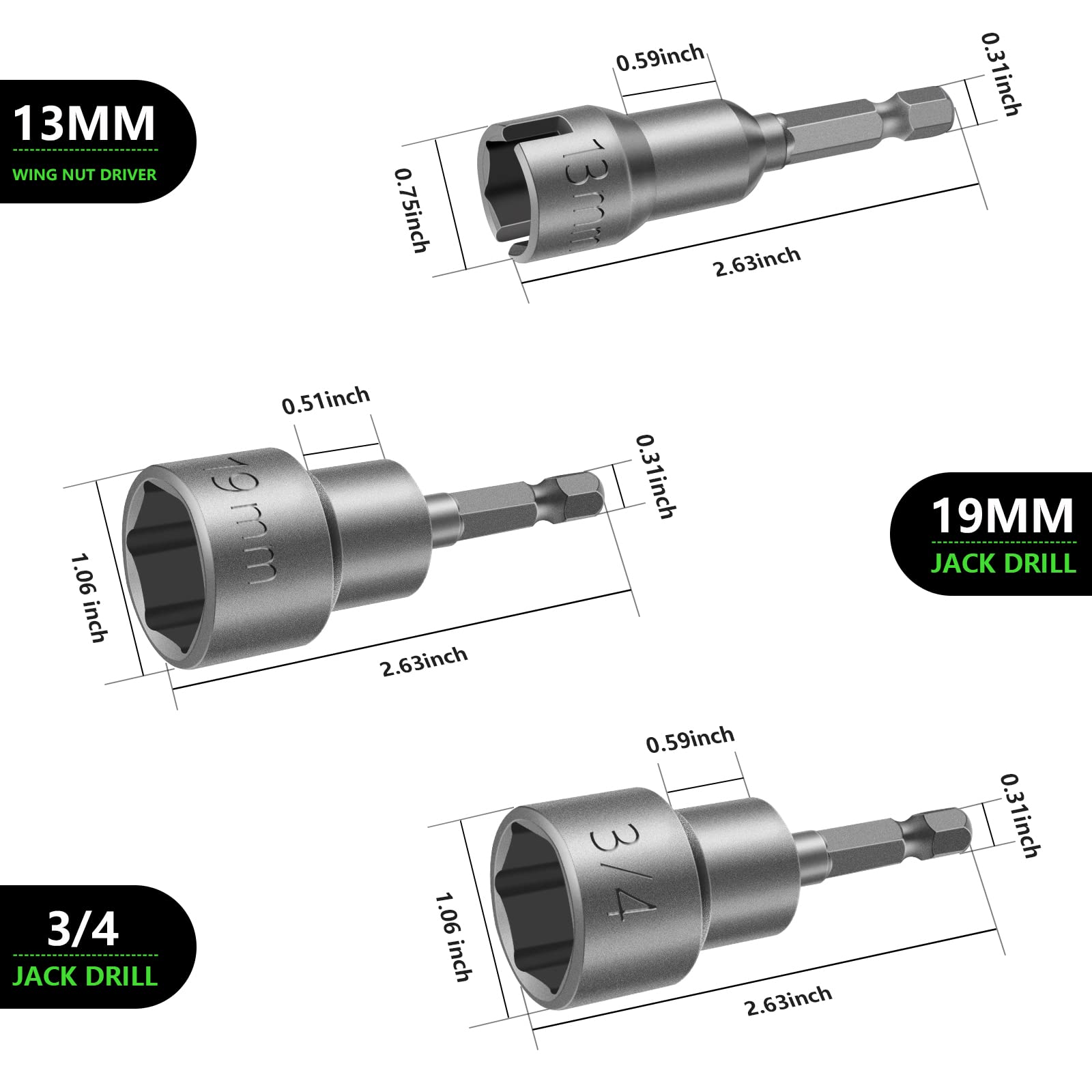 FTIHTRY 3pcs RV Socket Set, Leveling Scissor Jack Socket Drill Adapter With With 1/4" Quick Connect Shank Works With All 3/4" and 19mm Hex Drive Jacks.