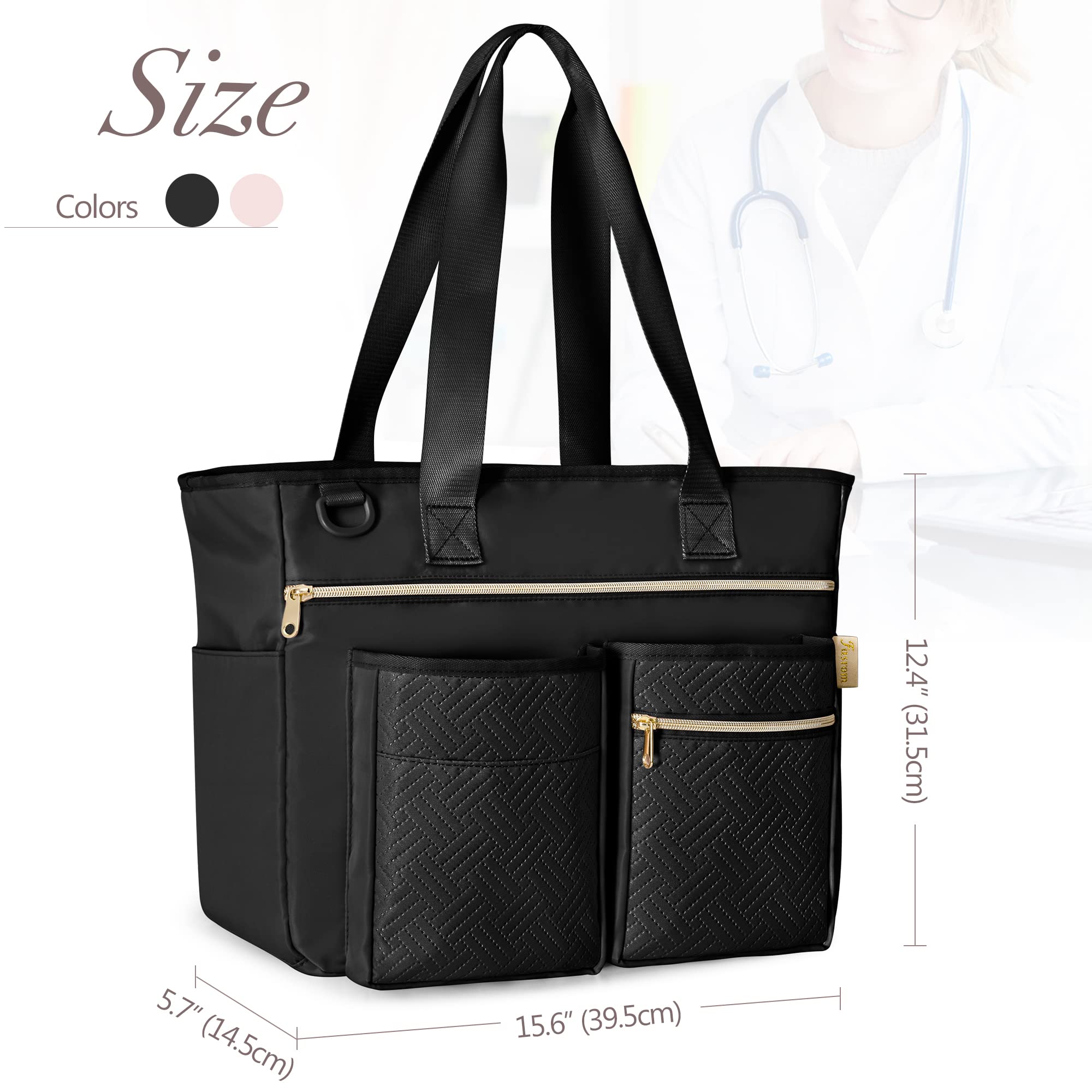 Fasrom Nurse Tote Bag for Work Nurses with Laptop Sleeve, Home Health Clinical Bag for Nursing Students and Medical Assistant, Black (Patent Pending)