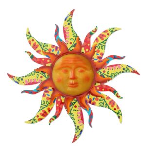 vinsees 19 inch metal sun wall art decor, double-layer 3d metal & glass sun wall decor for outdoor indoor patio balcony fence, mexican wall art large size talavera style