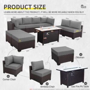 Lviden 9 Pieces Wicker Patio Furniture Set Outdoor PE Rattan Sectional Conversation Sofa Set with Grey Cushions and 45” Gas fire Pit Table