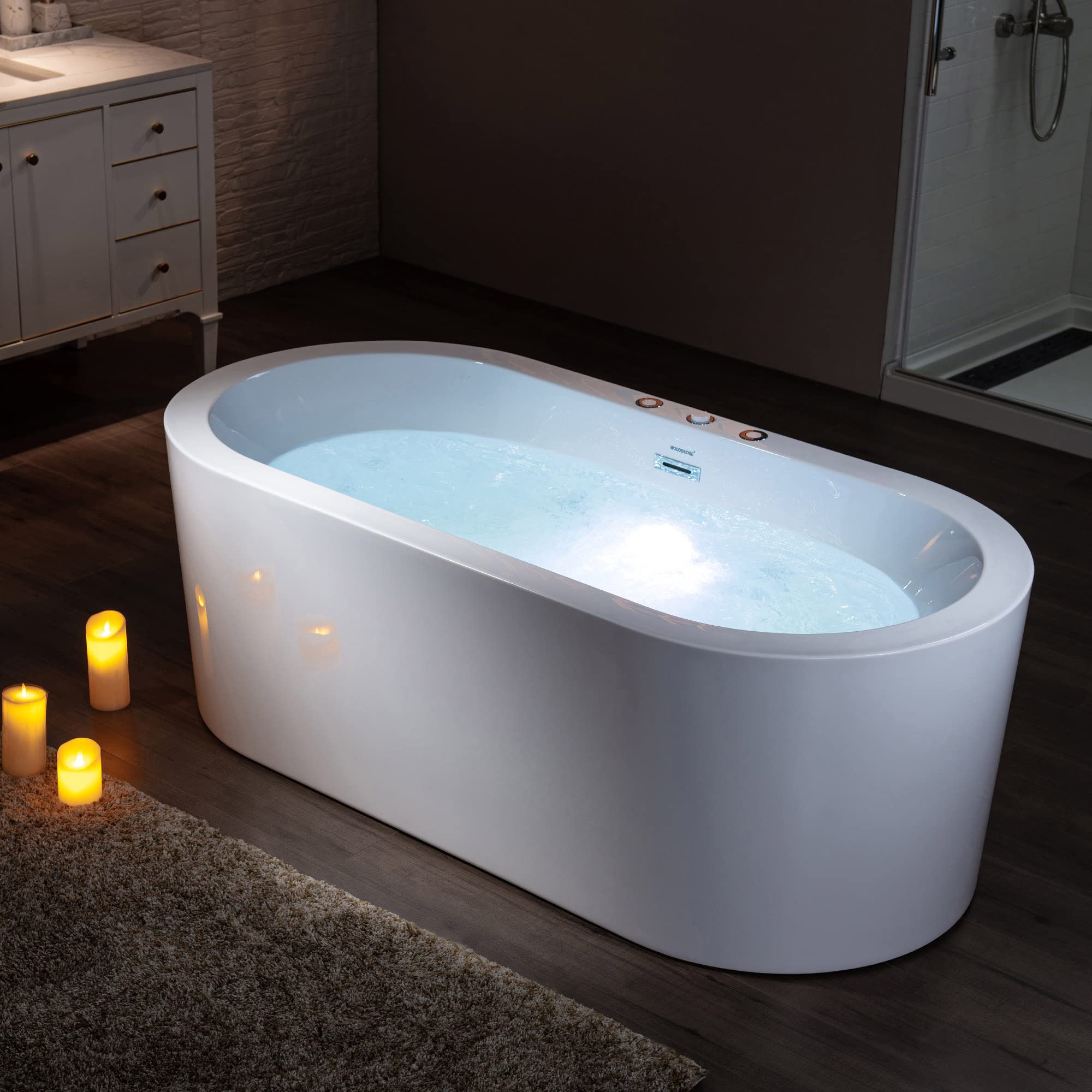 WOODBRIDGE 66-1/2" x 31-7/8" Whirlpool Water Jetted and Air Bubble Freestanding Heated Soaking Combination Bathtub, BJ200