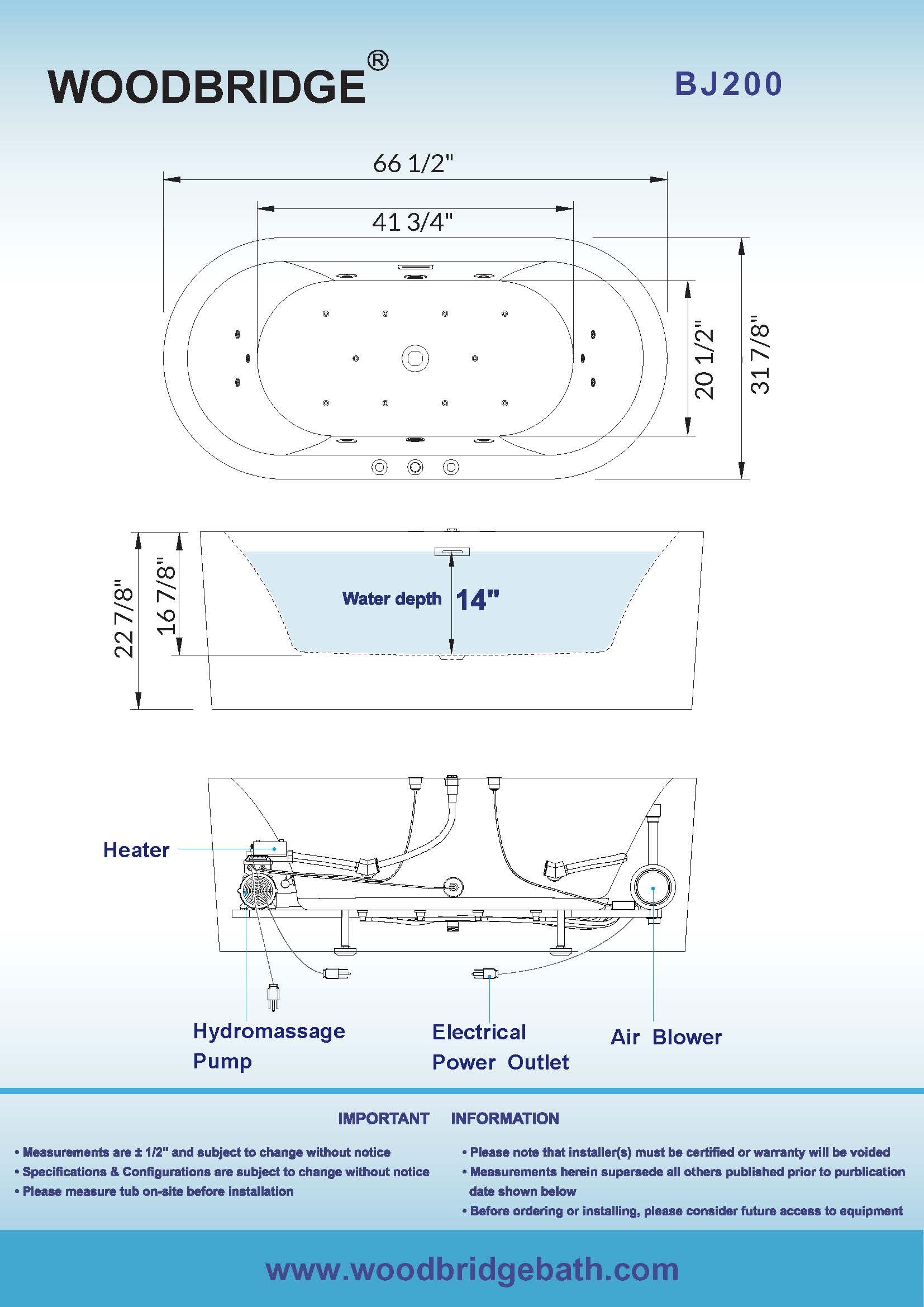 WOODBRIDGE 66-1/2" x 31-7/8" Whirlpool Water Jetted and Air Bubble Freestanding Heated Soaking Combination Bathtub, BJ200