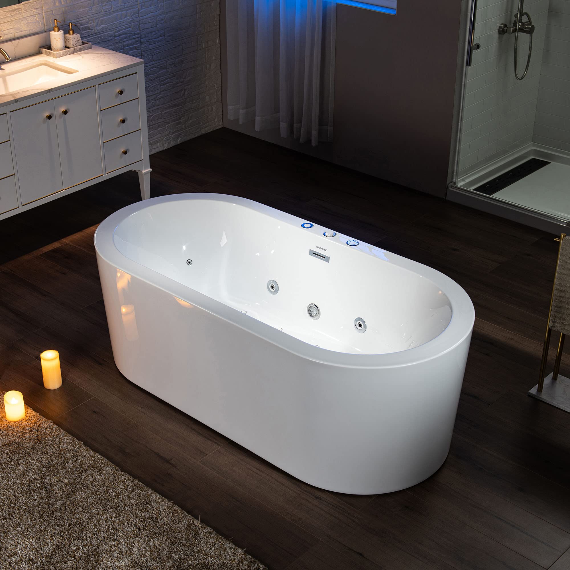 WOODBRIDGE 66-1/2" x 31-7/8" Whirlpool Water Jetted and Air Bubble Freestanding Heated Soaking Combination Bathtub, BJ200