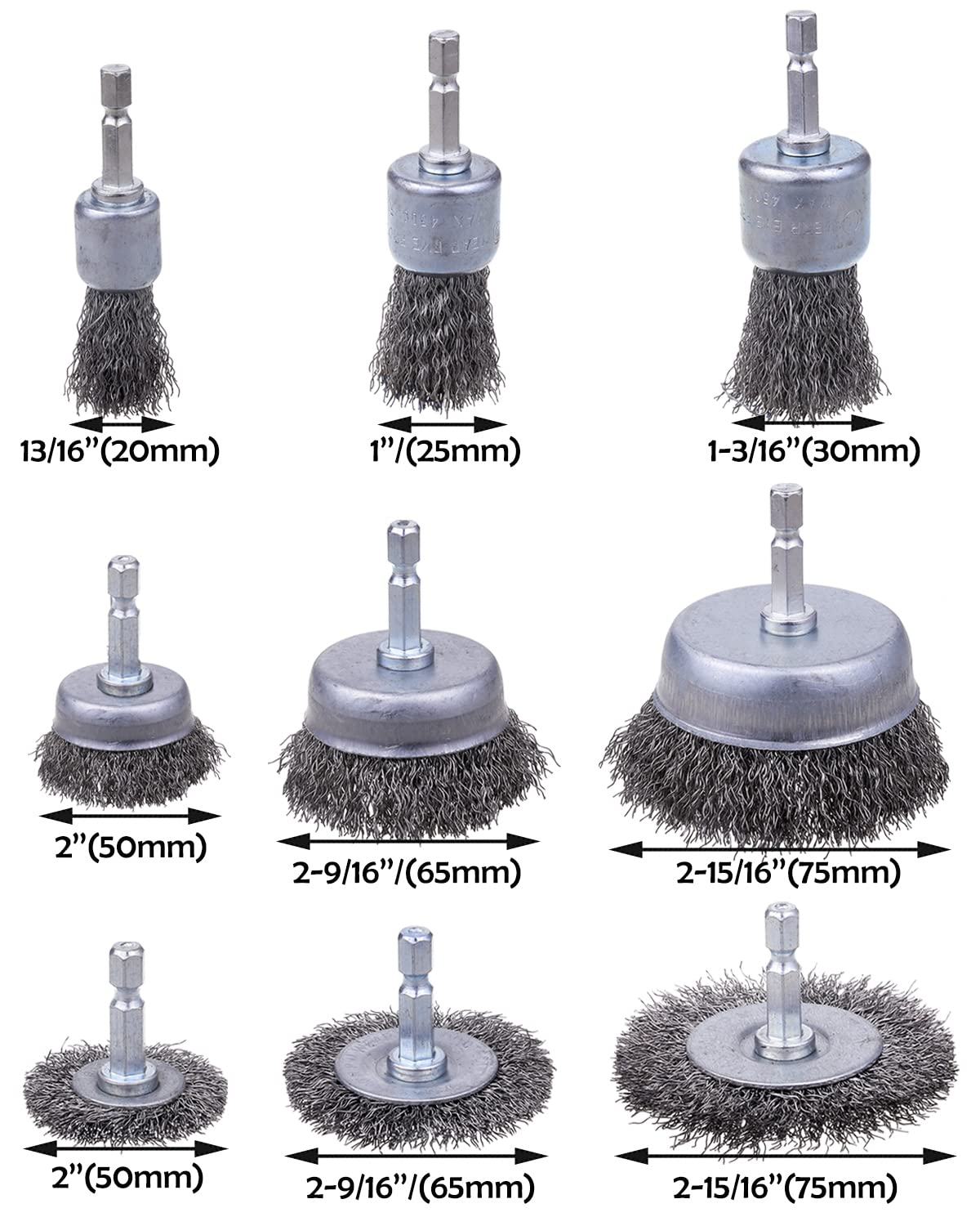 9 Pack Drill Wire Brush with 1/4-Inch Hex Shank, Rocaris Carbon Steel Drill Wire Brush, Cup/ Wheel/ Pen Brush Set for Rust Removal, Corrosion and Scrub Surfaces