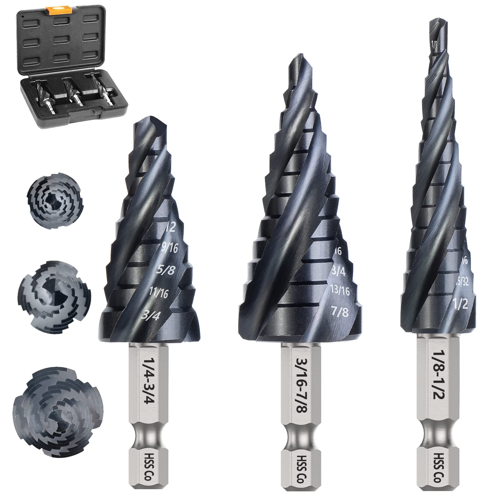 Matework M35 CobaltStep Drill Bit Set, Four Spiral Flute Unibit Step Drill Bits (1/8"-7/8") Wear-Resistant TiAlN Coated, 1/4" Hex Shank for Metal, Carbon Steel, Stainless Steel, Wood, Plastic (3Pcs)