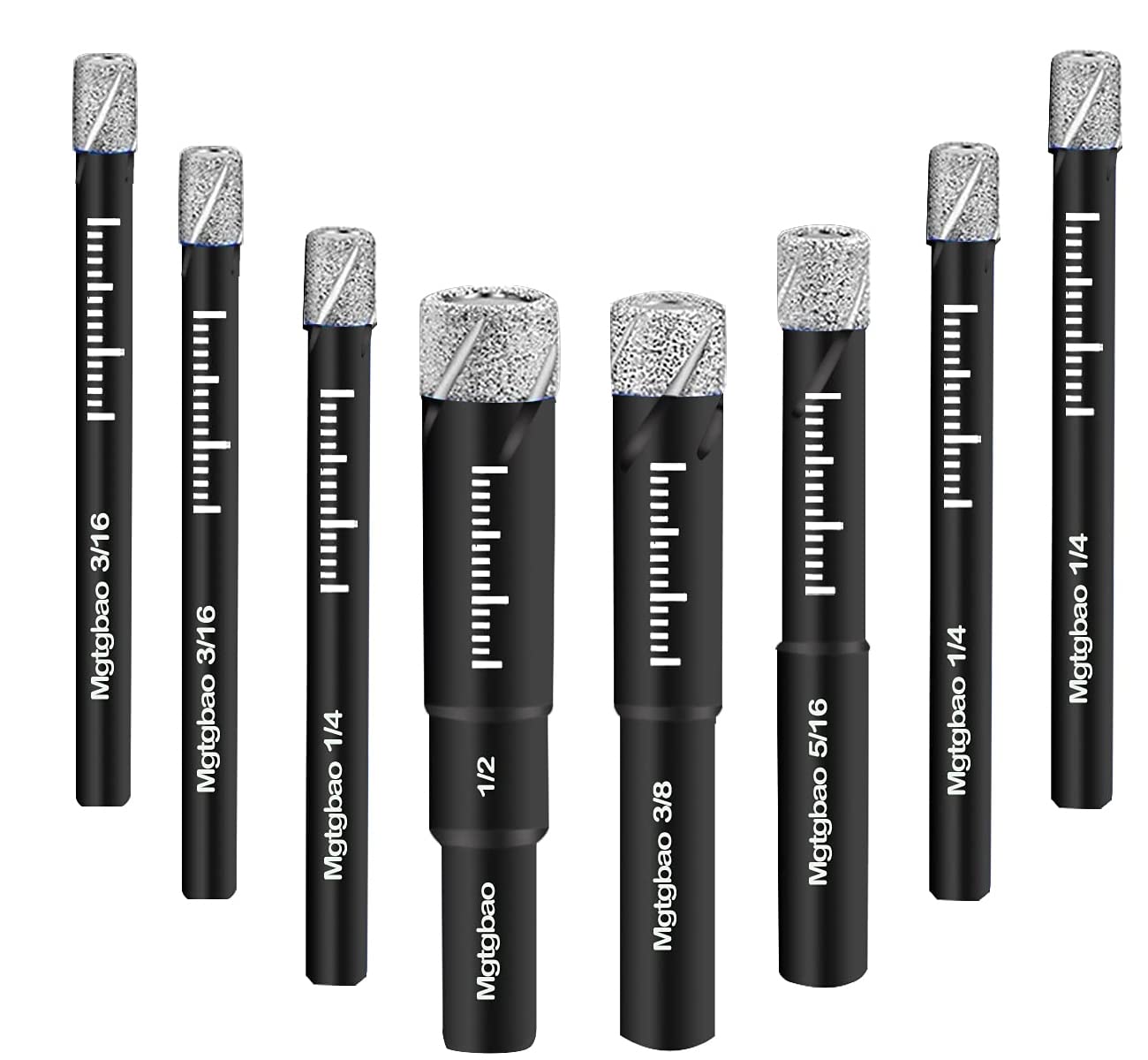 Mgtgao 8pc Black Dry Diamond Drill Bits Set for Granite Ceramic Marble Tile Stone Glass Hard Materials (not for Wood), Round Shank 3/16”, 1/4”, 5/16”, 3/8”, 1/2 ” with Storage Case