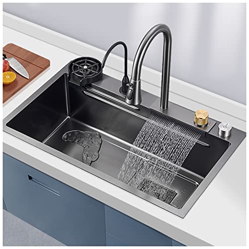 304 Stainless Steel Handmade Kitchen Sink Multi-Purpose Waterfall Bar Sink Black Nano Rv Sink with Pull-Out Faucet and Cup Washer Top Mount Or Undermount (Color : Black, Size : 80x45x22cm)