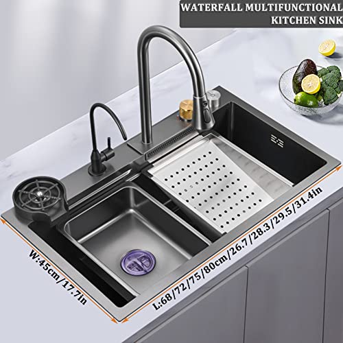 304 Stainless Steel Handmade Kitchen Sink Multi-Purpose Waterfall Bar Sink Black Nano Rv Sink with Pull-Out Faucet and Cup Washer Top Mount Or Undermount (Color : Black, Size : 80x45x22cm)