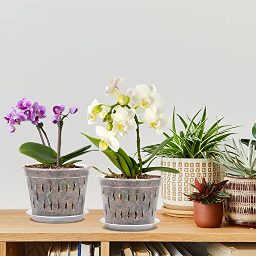 JGB 9 Pack 7 Inches Orchid Pots for Repotting, Clear Orchid Pot with Holes and Saucers, Breathable Slotted Orchid Planters, Plastic Flower Plant Pots Indoor and Outdoor