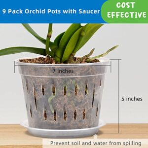 JGB 9 Pack 7 Inches Orchid Pots for Repotting, Clear Orchid Pot with Holes and Saucers, Breathable Slotted Orchid Planters, Plastic Flower Plant Pots Indoor and Outdoor