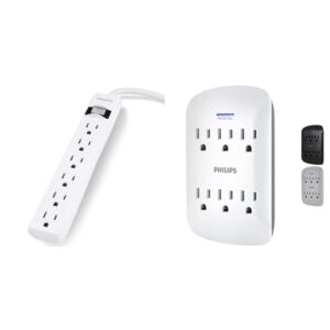 philips 6-outlet surge protector, 2 ft extension cord & surge protector, wall tap, 900 joules, space saving design, 3-prong, protection indicator led light, etl listed, white, spp3461wa/37