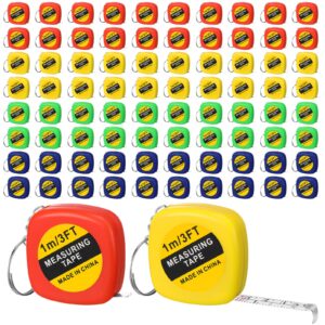 80 pcs small tape measure keychains functional mini retractable measuring tape with lock pocket portable measurement tape bulk for construction party favors birthday gift daily, 4 colors(3 ft)