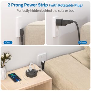 NTONPOWER 2 Prong Power Strip, 1875W 2 Prong to 3 Prong Outlet Adapter, 2 Prong Extension Cord 5 ft, Rotating Plug, Wall Mount, 3 Outlet 2 USB, Compact Power Strip for Travel, Older House,Dorm, Office