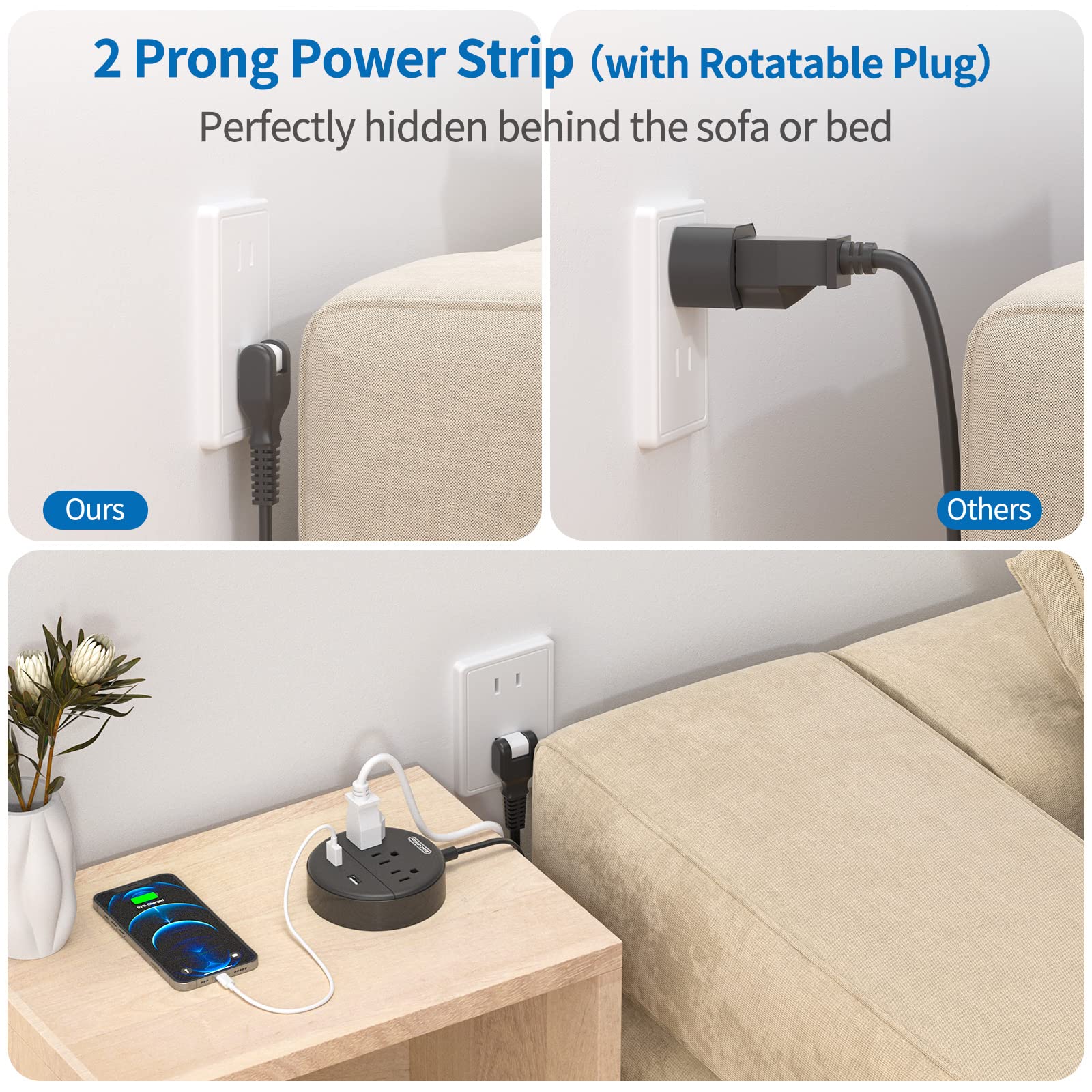 NTONPOWER 2 Prong Power Strip, 1875W 2 Prong to 3 Prong Outlet Adapter, 2 Prong Extension Cord 5 ft, Rotating Plug, Wall Mount, 3 Outlet 2 USB, Compact Power Strip for Travel, Older House,Dorm, Office