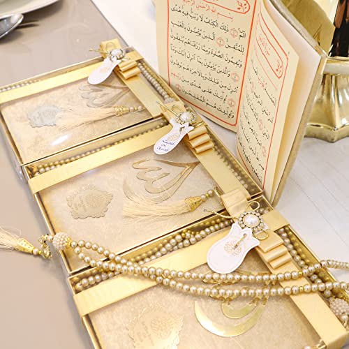 Pack of 5 Personalized Dua Book Prayer Beads Islamic Party Favor Gift, Decorated Gold Velvet Yaseen Dua Book Pearl Prayer Beads Muslim Gift Set for Ramadan Eid Hajj Umrah Wedding Baby Shower Ameen