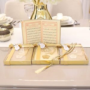 Pack of 5 Personalized Dua Book Prayer Beads Islamic Party Favor Gift, Decorated Gold Velvet Yaseen Dua Book Pearl Prayer Beads Muslim Gift Set for Ramadan Eid Hajj Umrah Wedding Baby Shower Ameen