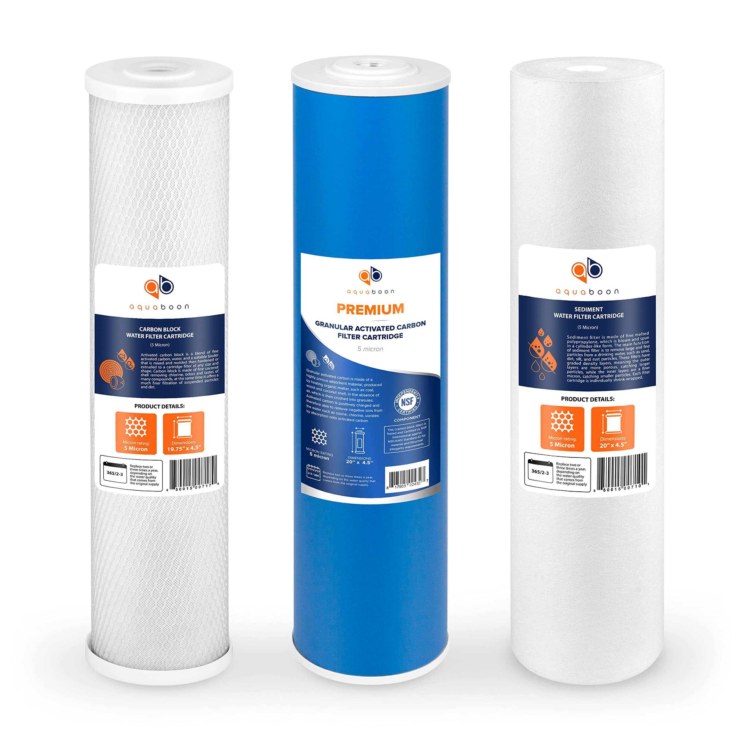 AQUABOON 5 Micron 20" x 4.5" GAC, CTO Carbon Block & Sediment Replacement Water Filter Cartridges Set | 1 set, 3 Filters in a Set | EP20-BB, 2C-20BB, 155358-43, DGD-5005-20