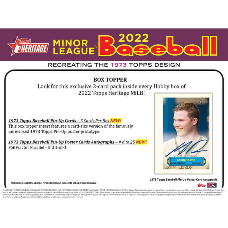 2022 Topps Heritage Minor League Baseball Hobby Box (18 Packs/8 Cards: 2 Autos)